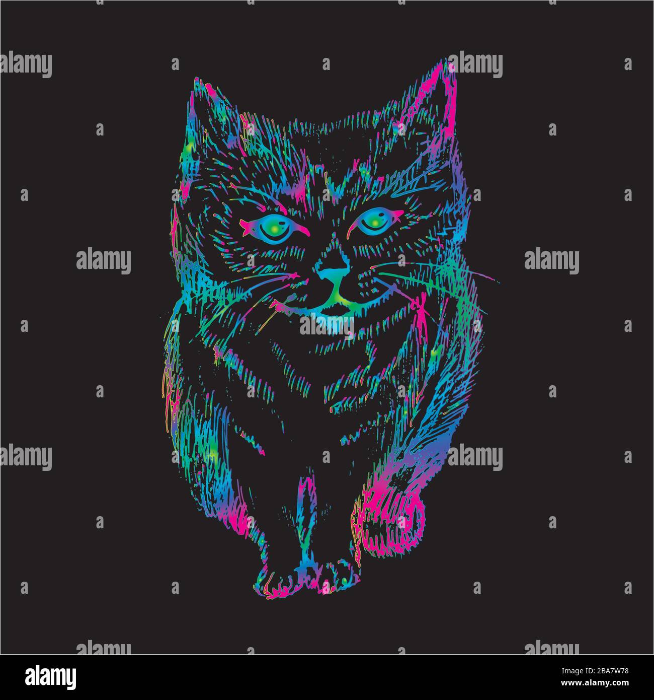 Color illustration of a cat in a hatching style. Cute cat Stock Vector ...