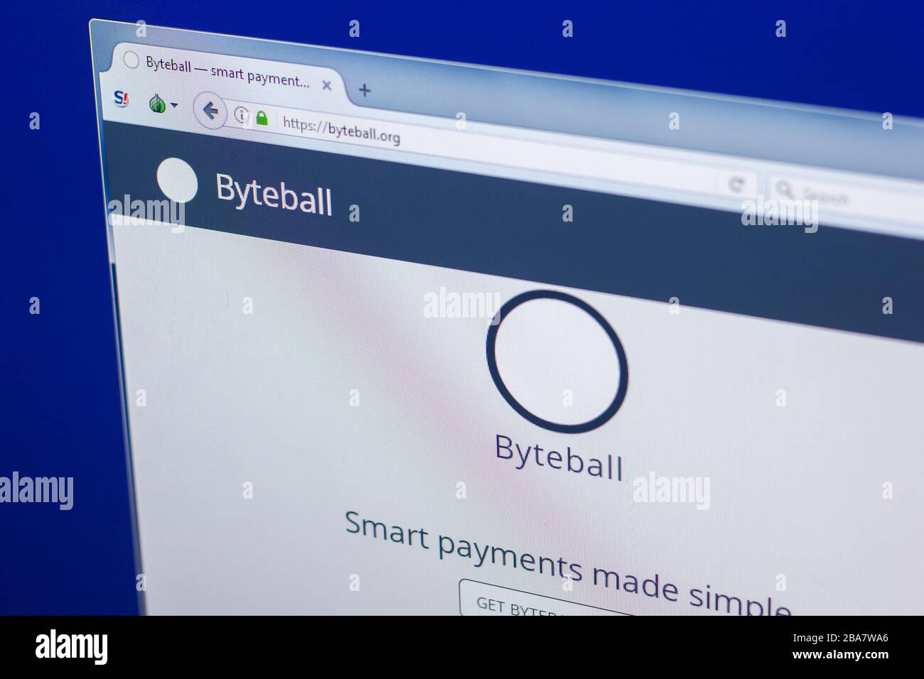 Ryazan, Russia - March 29, 2018 - Homepage of Byteball crypty currency on the display of PC ...