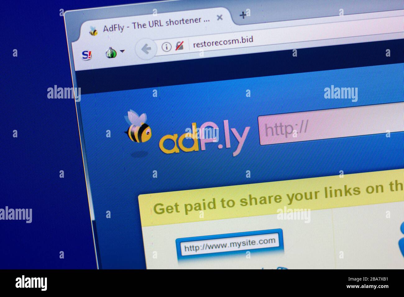 Ryazan, Russia - April 16, 2018 - Homepage of Adf.ly website on the ...