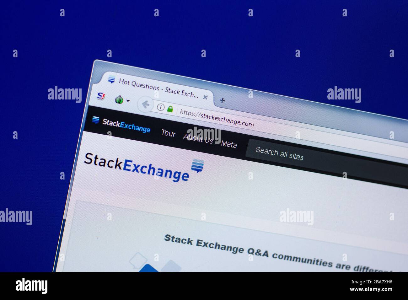 Ryazan, Russia - April 16, 2018 - Homepage of StackExchange website on the display of PC, url ...