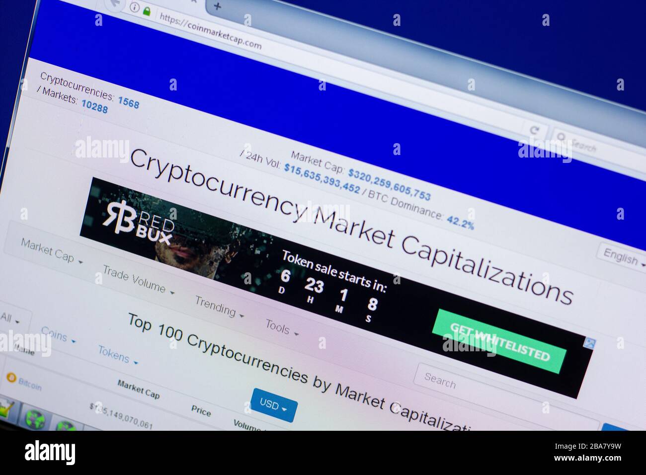 Ryazan, Russia - April 16, 2018 - Homepage of CoinMarketCap website on ...