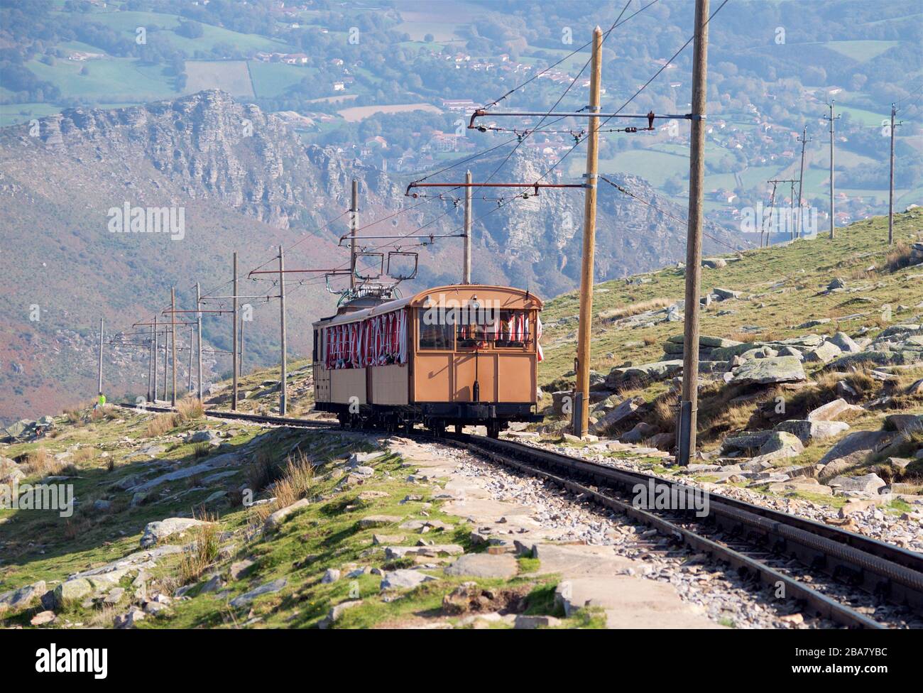 The train on the railway high in the mountains descends into the valley ...