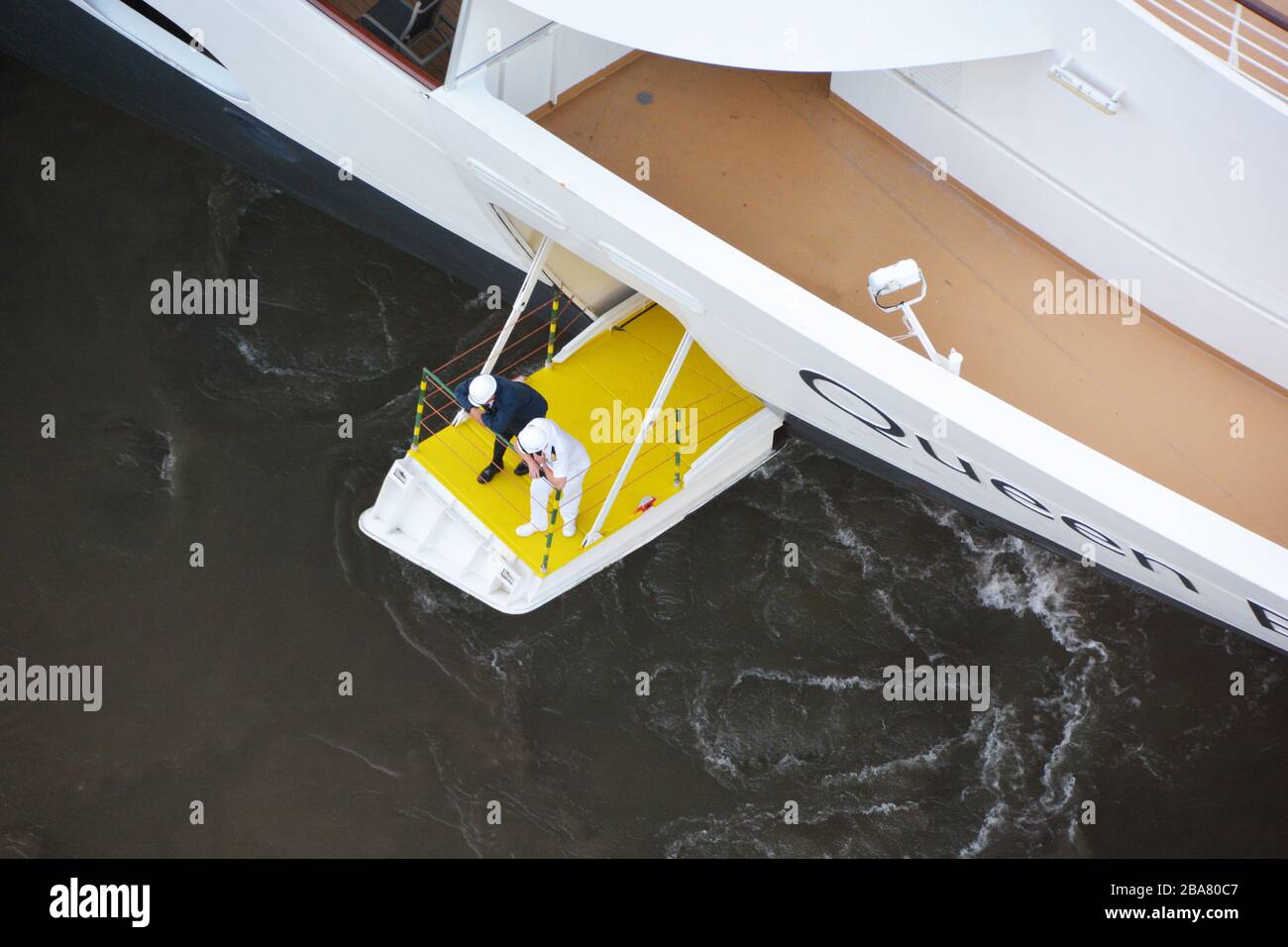 high above view of section of bow of cruise ship Queen Elisabeth ...