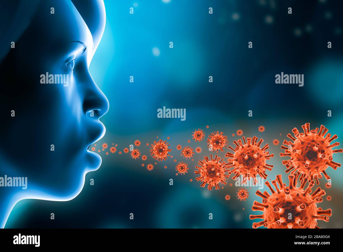 Human profile head inhaling or exhailing virus. Infectious and ...