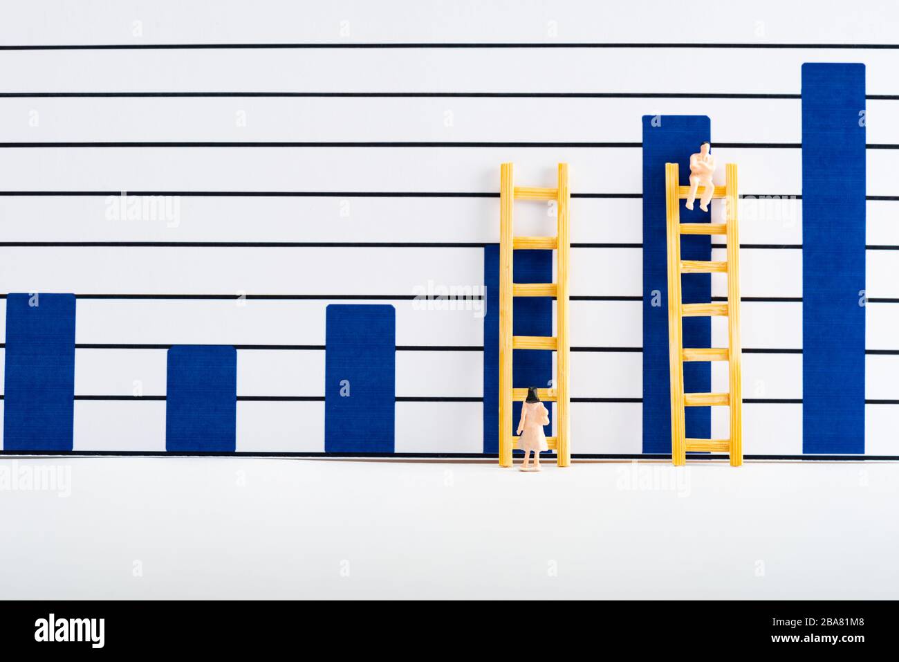 People figures with ladders near charts on white surface, equality ...