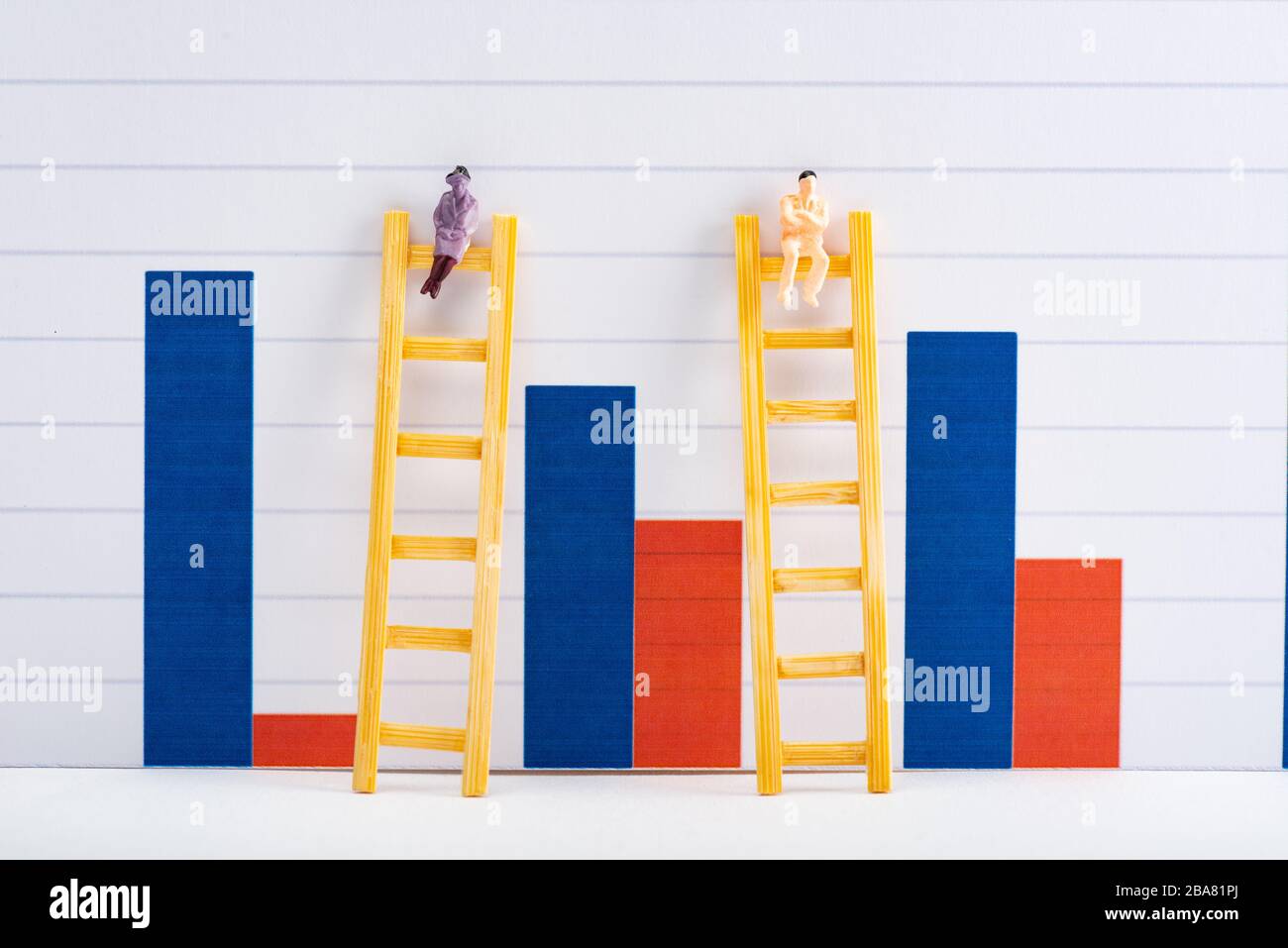 People figures on ladders on white surface near blue and red graphs at ...