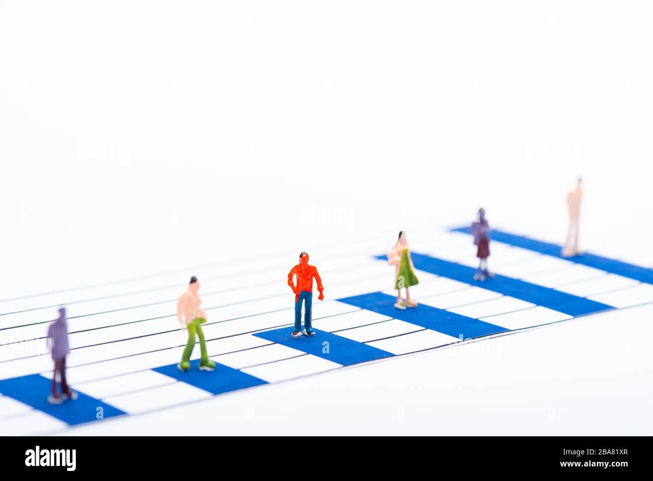 Selective focus of blue graphs and people figures isolated on white ...