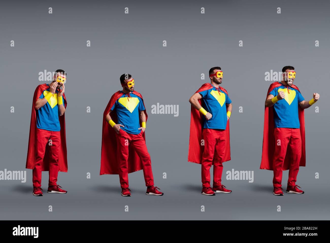 collage of superhero in mask posing on grey, evolution concept Stock ...