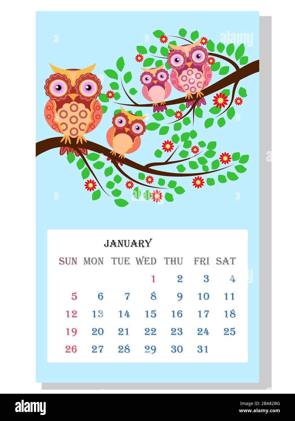 Calendar 2021. Cute owls and birds for every month Stock Vector Image ...
