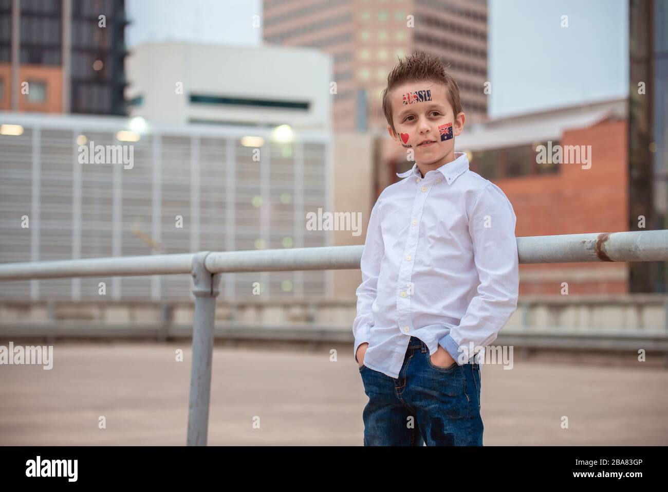 Urban portrait of Australian boy ready to celebrate Australia Day Stock ...