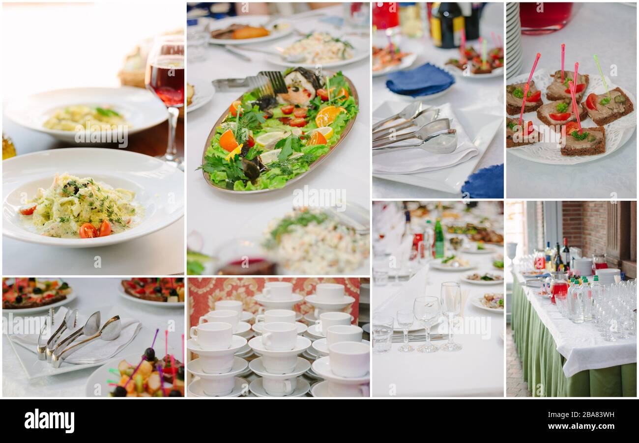 Wedding catering collage - food and crockery for rehearsal dinner Stock ...