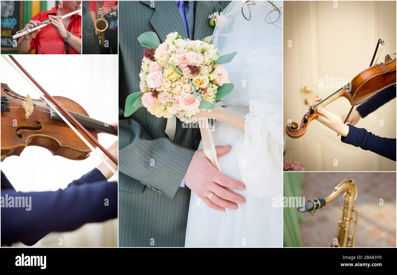 Wedding orchestra collage. Images of musical instruments on wedding ...