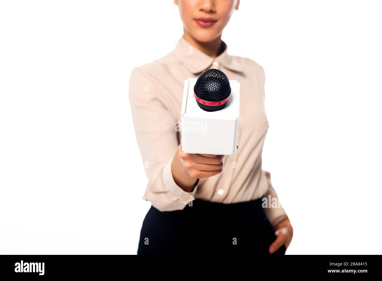 Cropped view of african american journalist holding microphone isolated ...