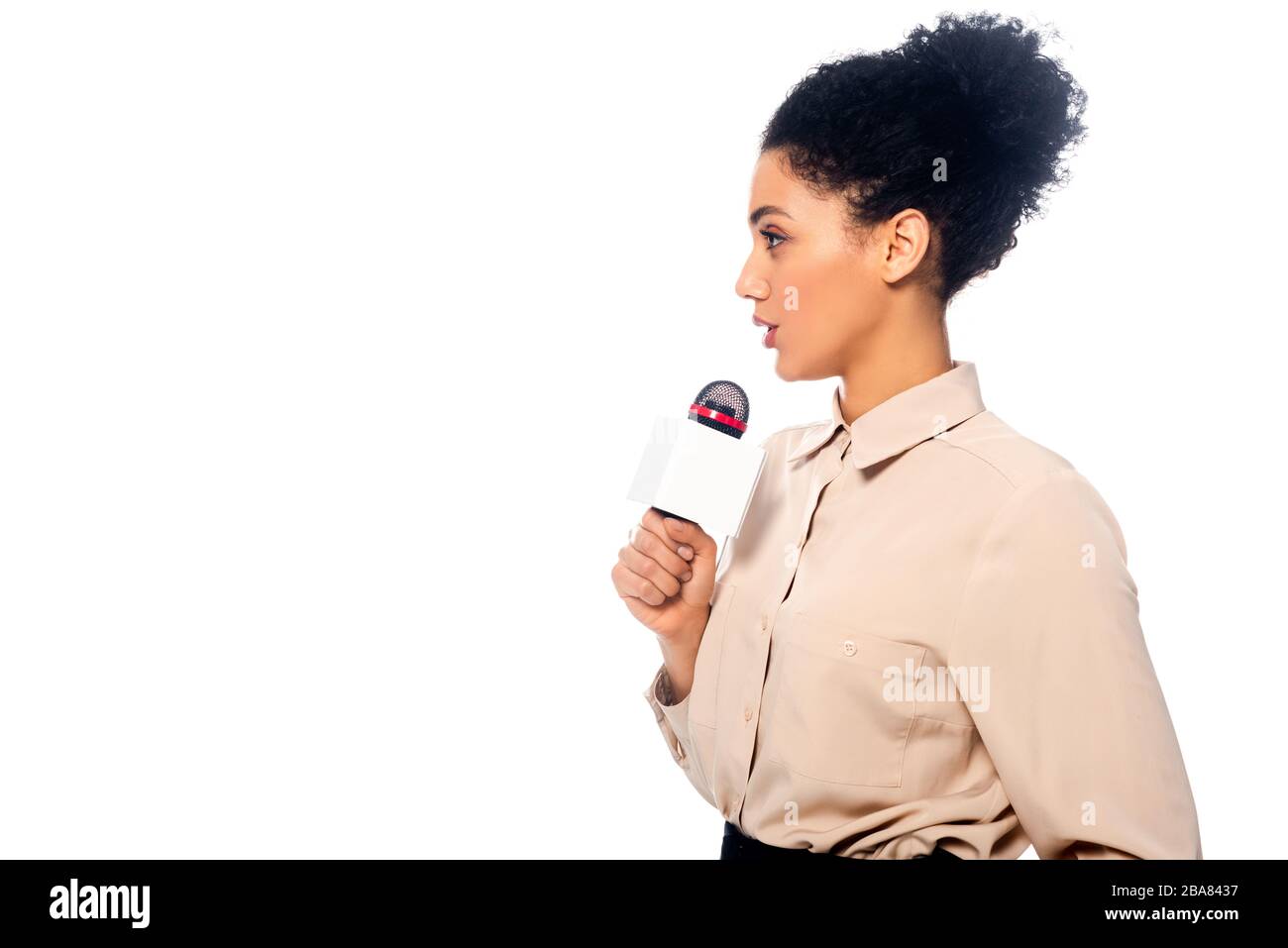African american journalist speaking into microphone isolated on white ...