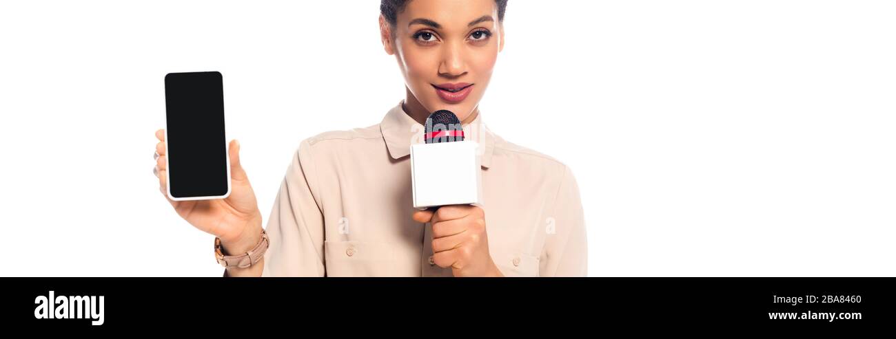 African american journalist speaking into microphone and presenting ...