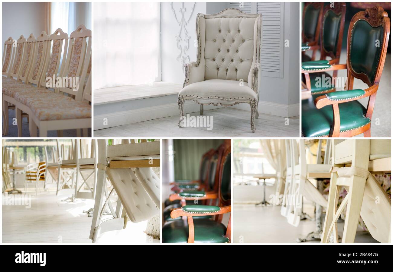 Wedding rentals collage - chairs and other furniture for guests Stock ...