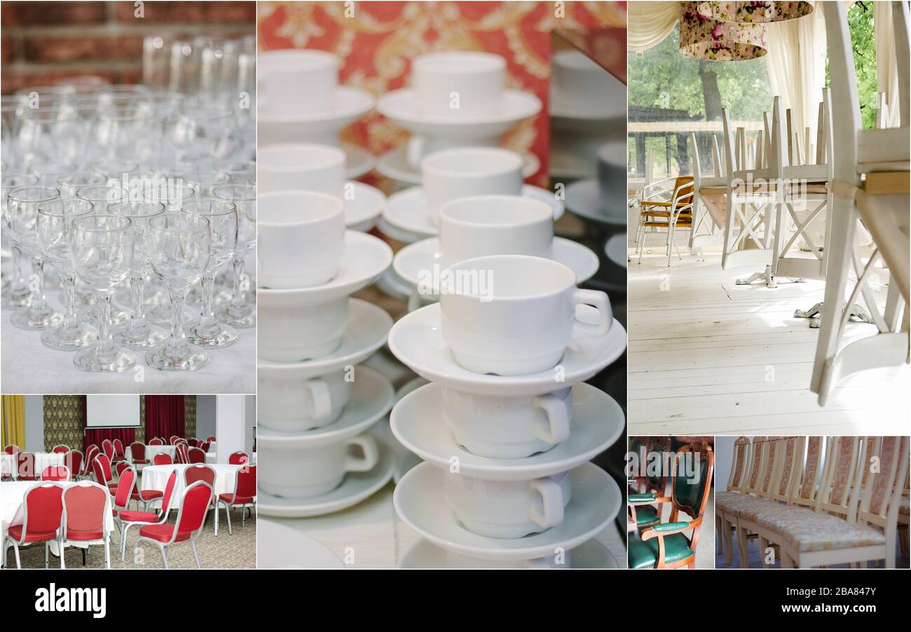 Wedding rentals collage - chairs and crockery for lot of guests Stock ...