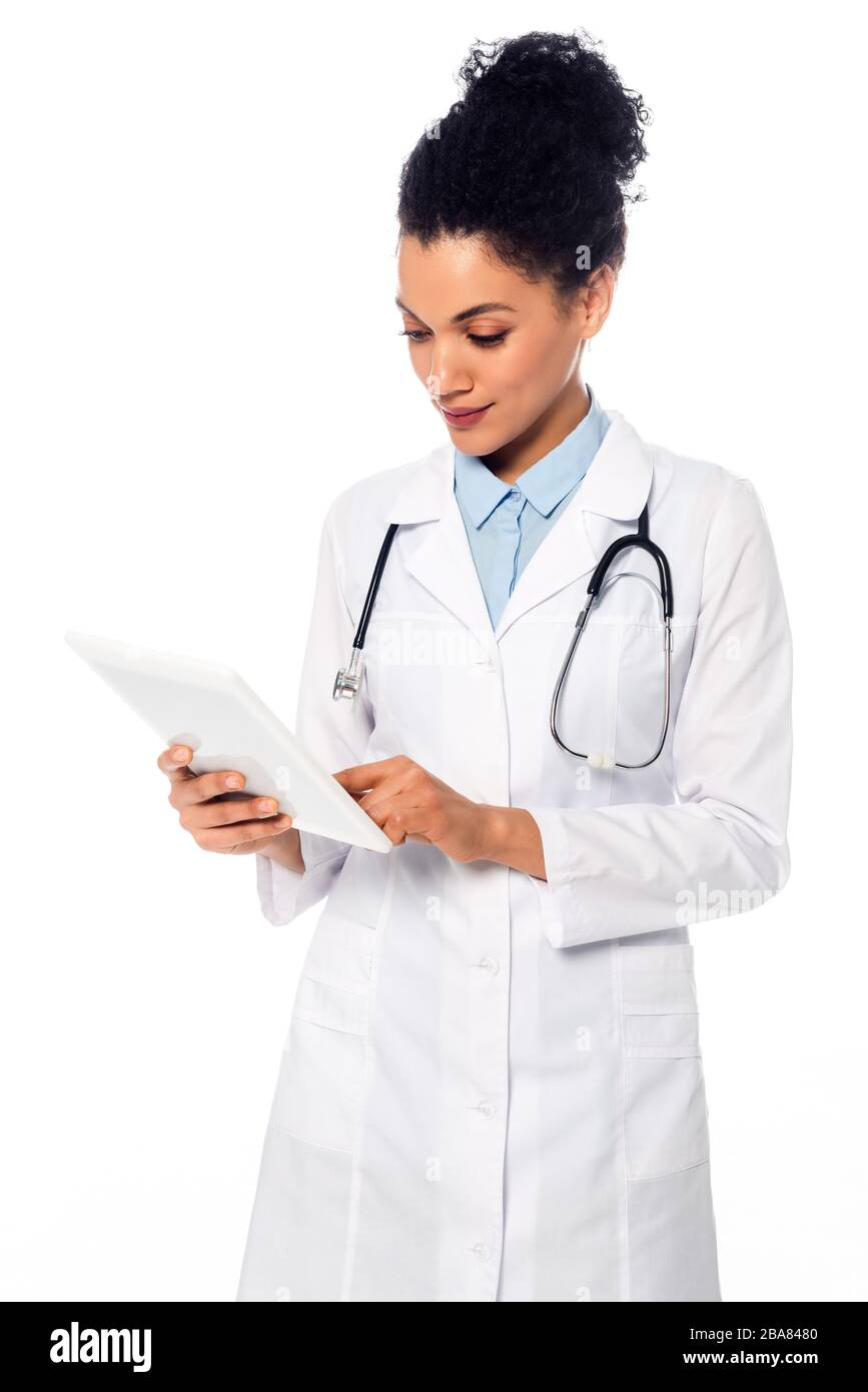 Front view of african american doctor with stethoscope using digital ...