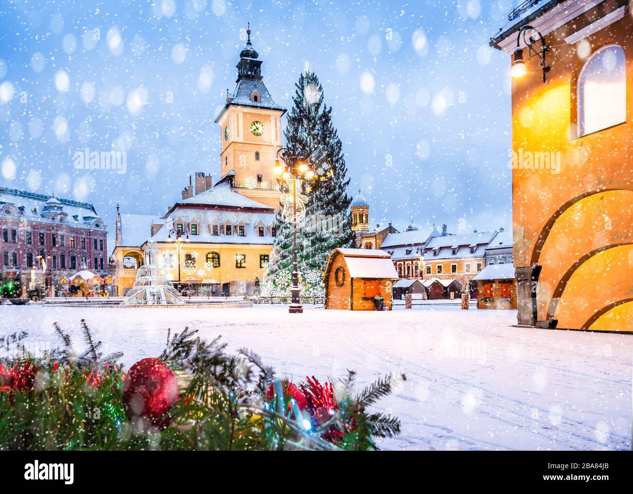 Christmas market and decorations tree in center of Brasov town ...