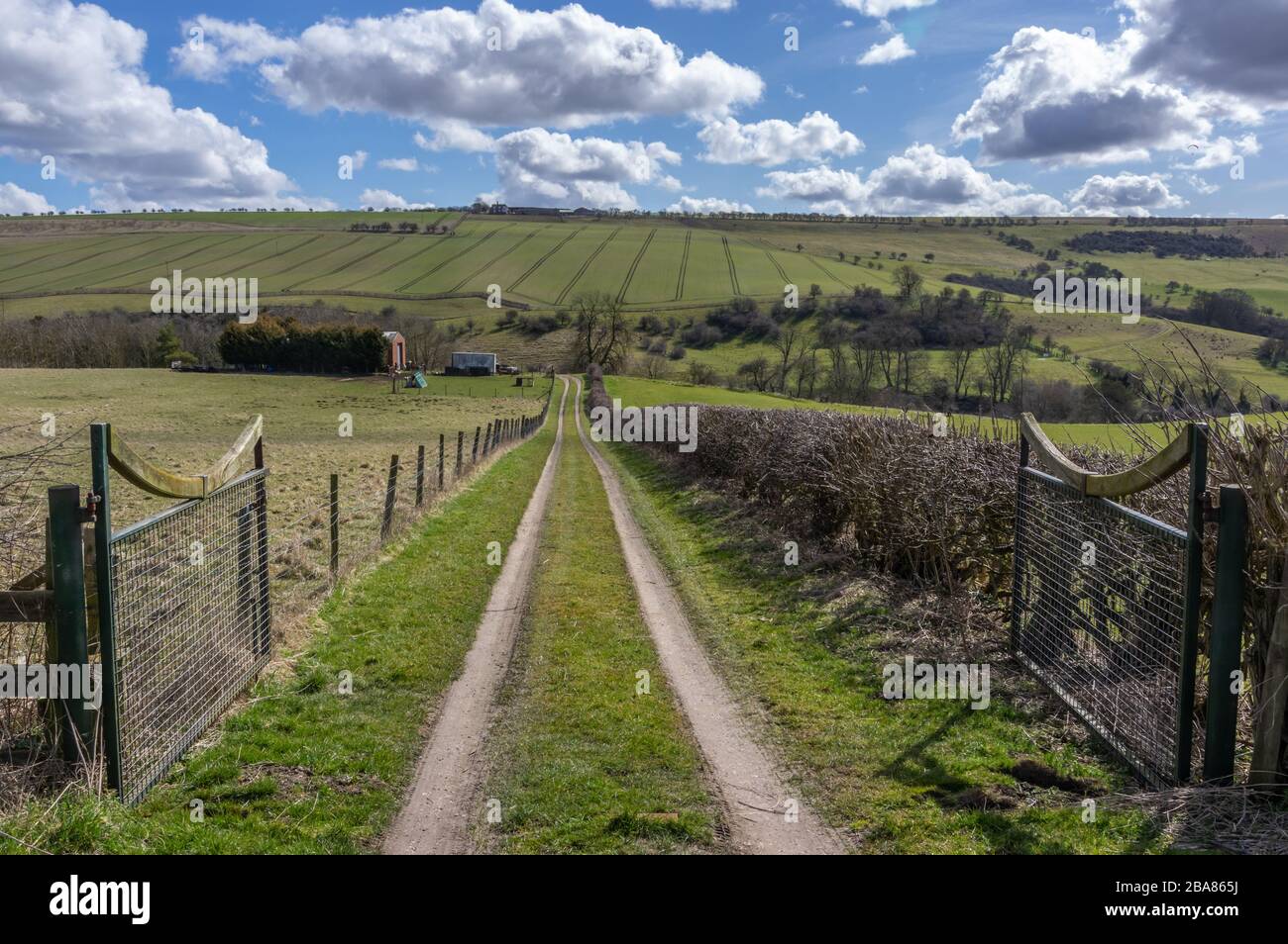Dirt track leading lines to a Farm on a sunny day with blue skies Stock ...