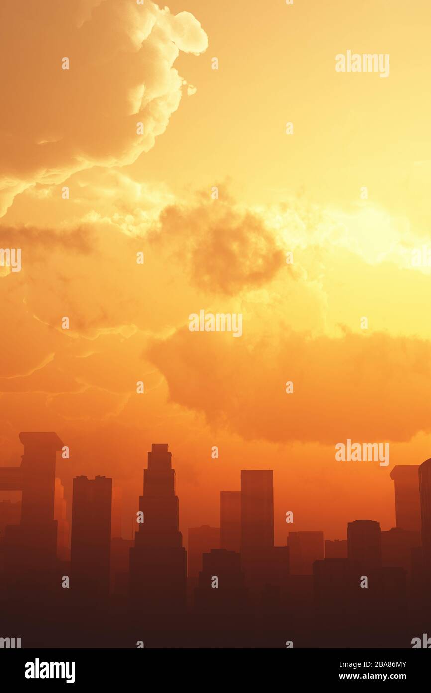 Huge Smoggy Metropolis in the Sunset Sunrise 3D artwork illustration ...