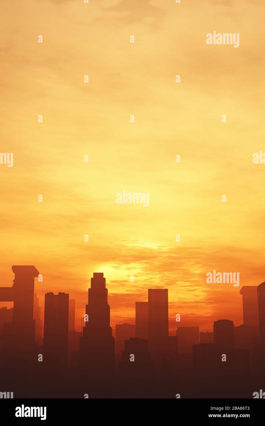 Huge Smoggy Metropolis in the Sunset Sunrise 3D artwork illustration ...