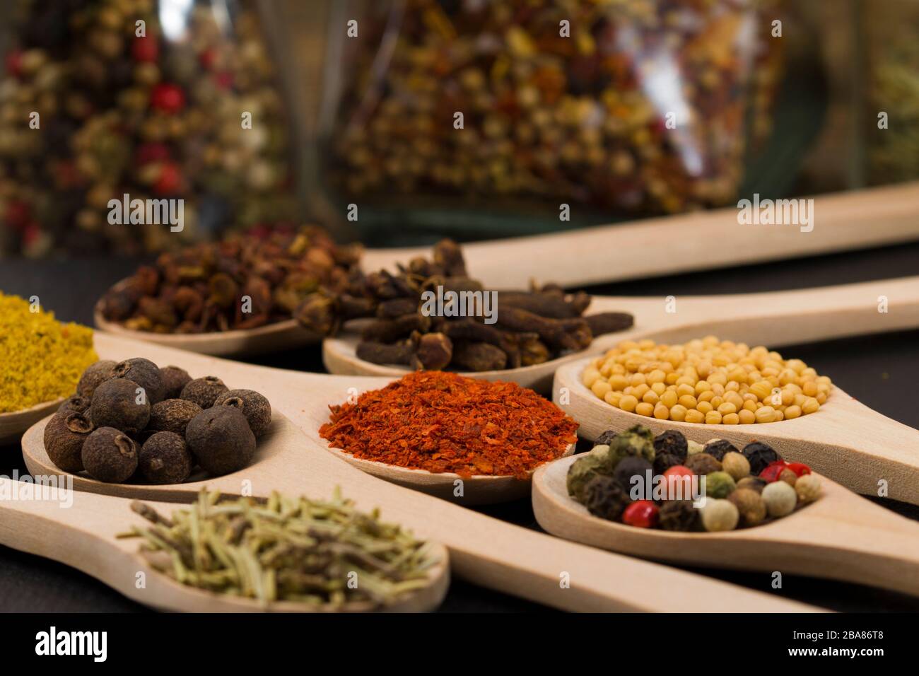 Variety of spices on kitchen table. Spice Still Life concept Stock ...