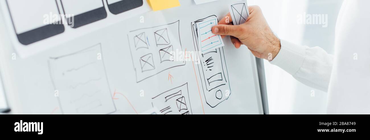 Cropped view of ux designer using layouts while creative app interface ...