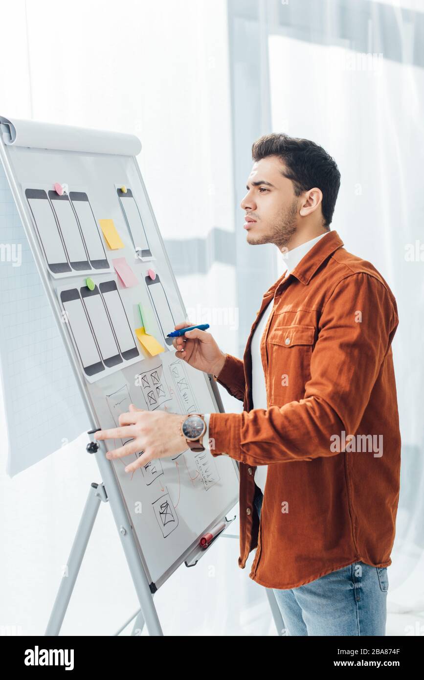Side view of designer with marker planning project of ux design on ...