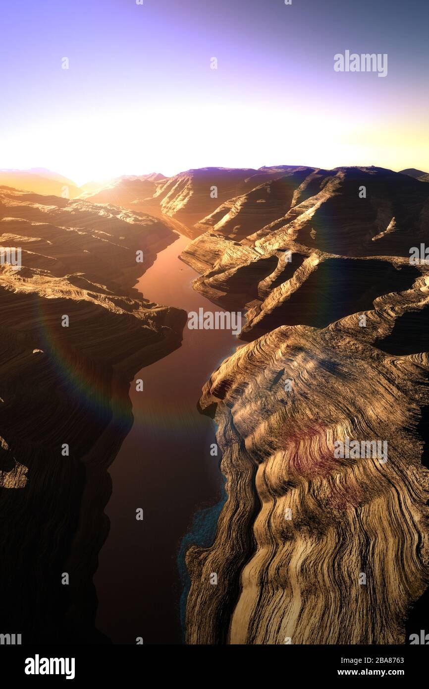 Aerial shot of a Canyon with a Natural Fault Drainage Basin Lake 3D ...