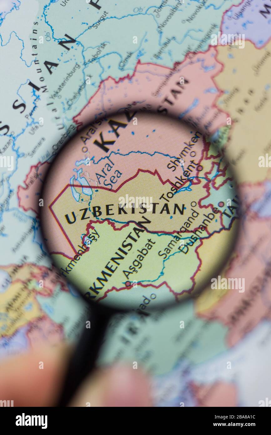 Uzbekistan on the map of the world or atlas Stock Photo - Alamy