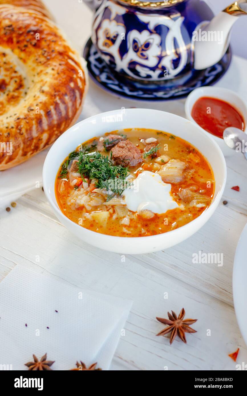 Mastava - uzbek rice soup on white table, great image for your needs ...