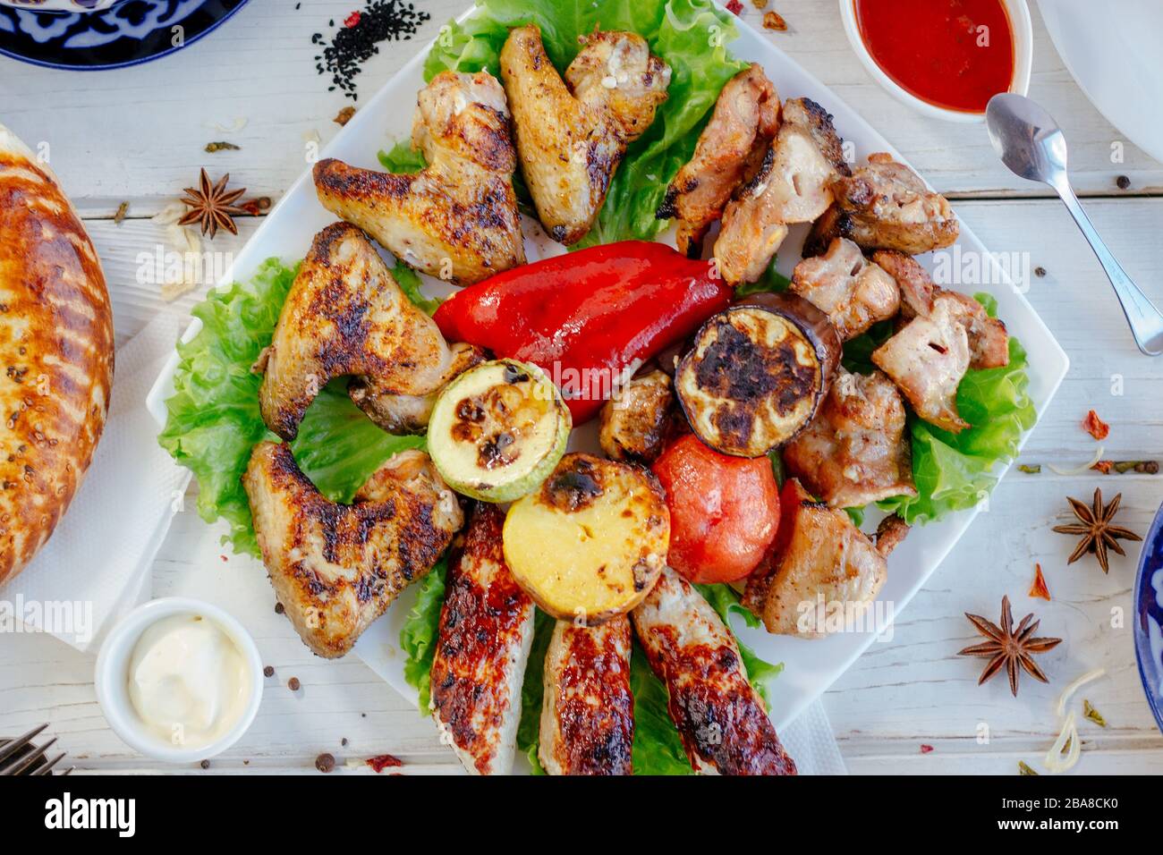 Top view of grilled chicken meat on white plate, great image for your ...