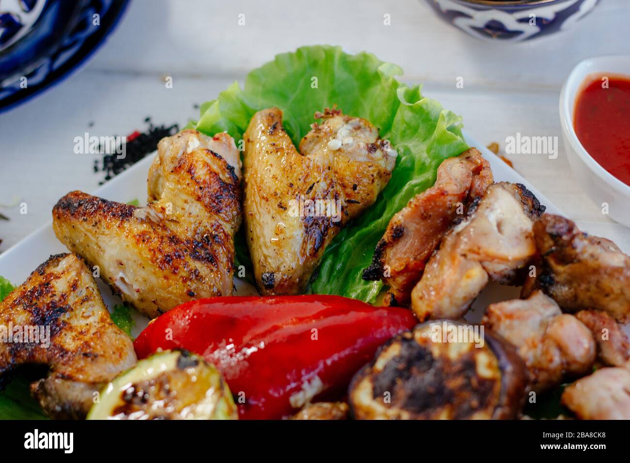 Top view of grilled chicken meat on white plate, great image for your ...