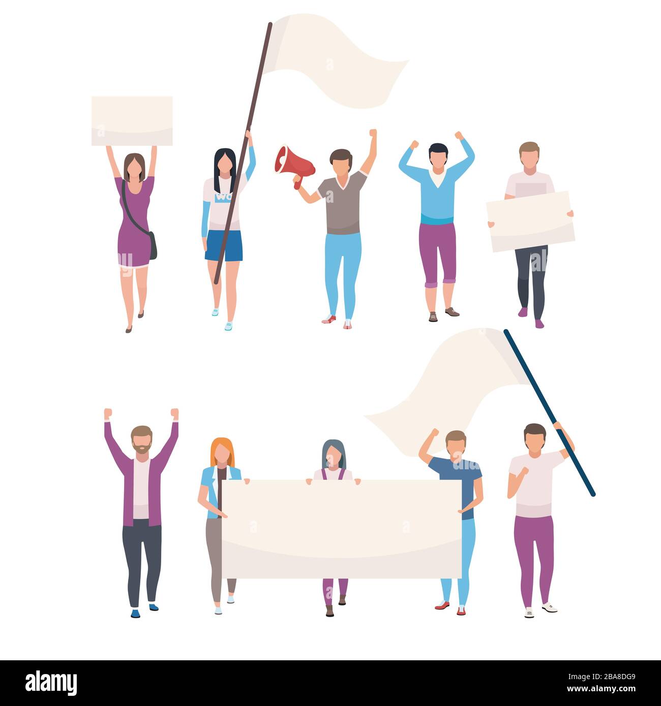 Protesters with blank placards flat vector characters set. Political ...