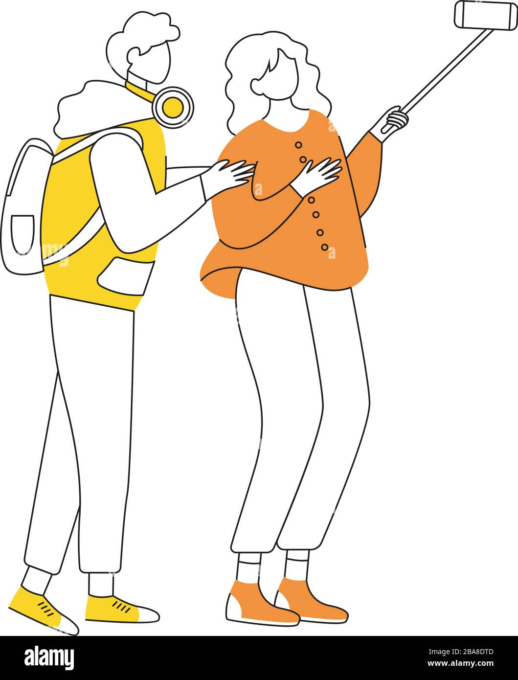 Young couple making selfie flat contour vector illustration. Two teen ...