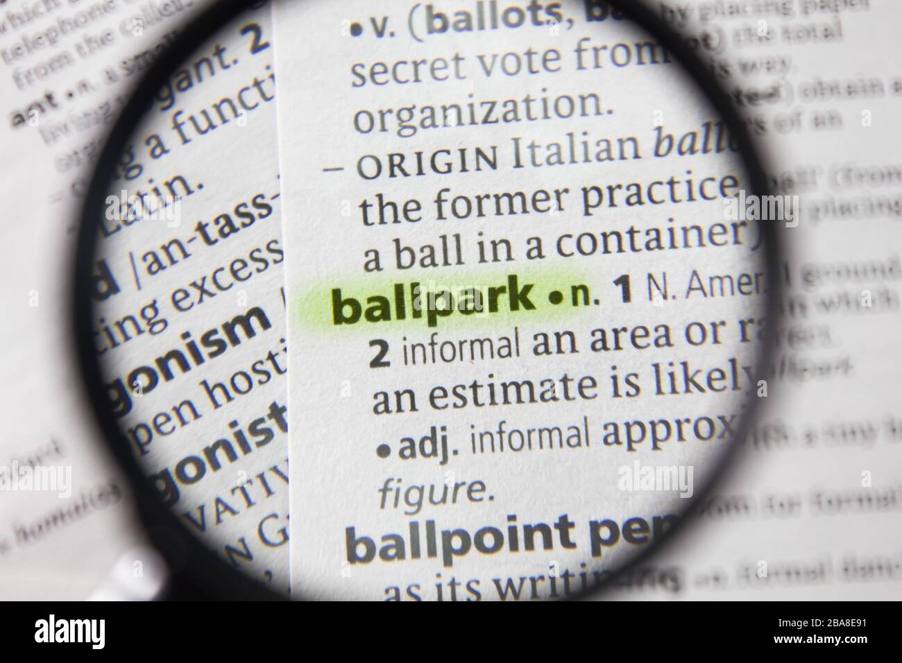 The word or phrase ballpark in a dictionary Stock Photo - Alamy
