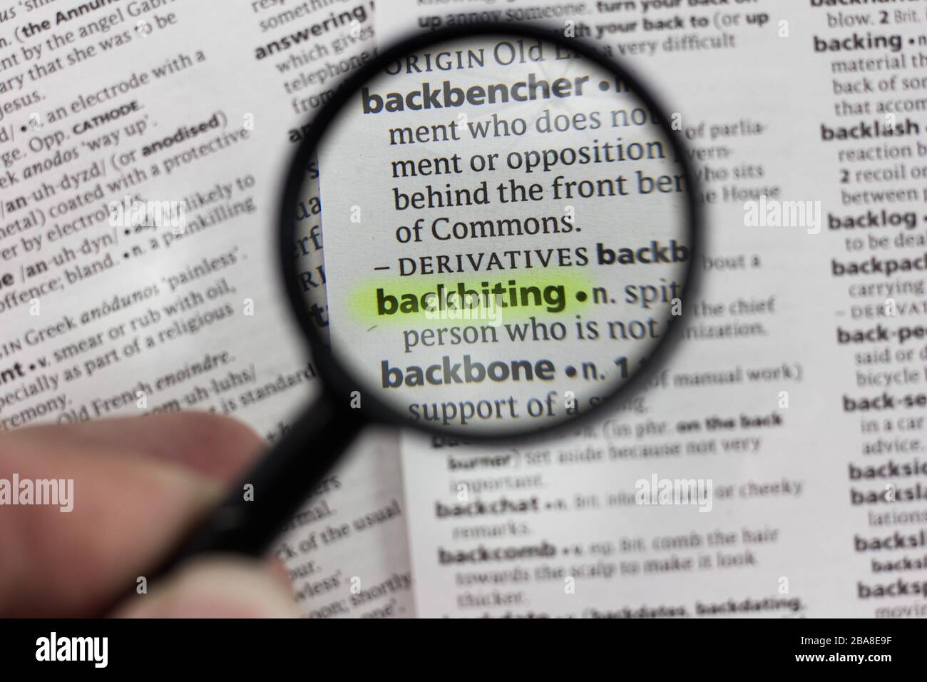 The word or phrase backbiting in a dictionary Stock Photo - Alamy
