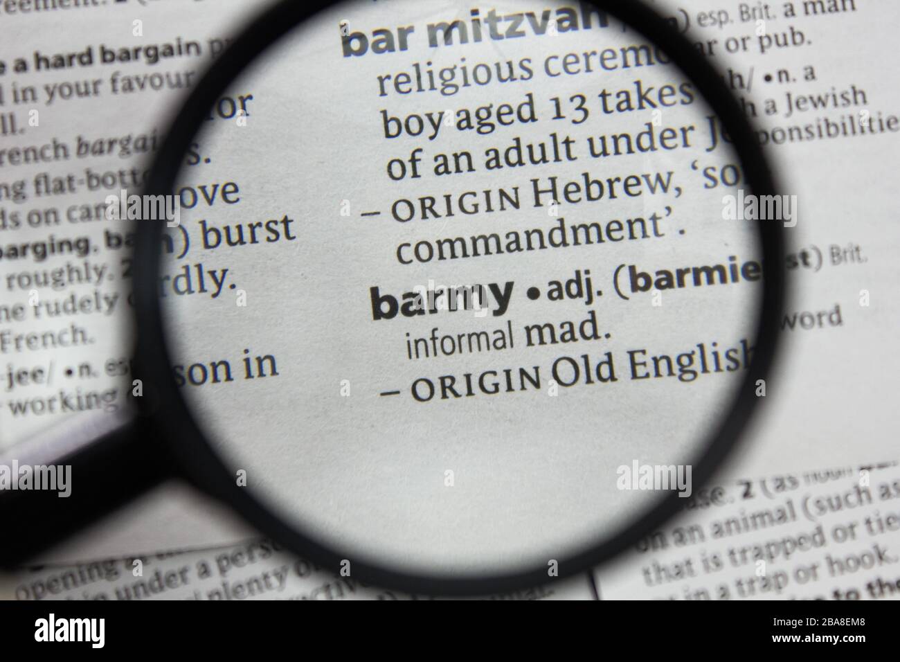 The word or phrase barmy in a dictionary Stock Photo - Alamy