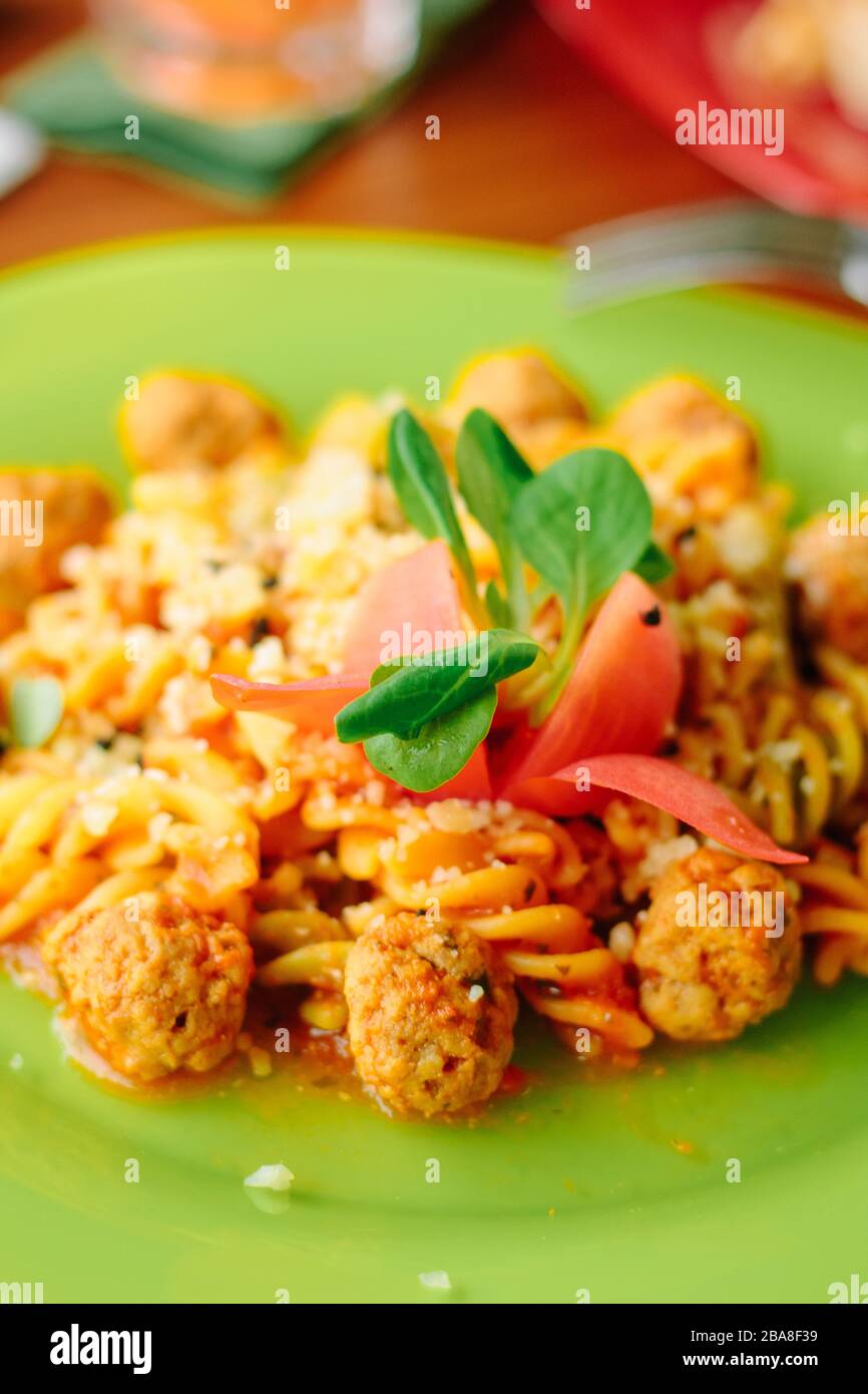 Fusilli pasta with meatballs and vegetables, great image for your needs ...