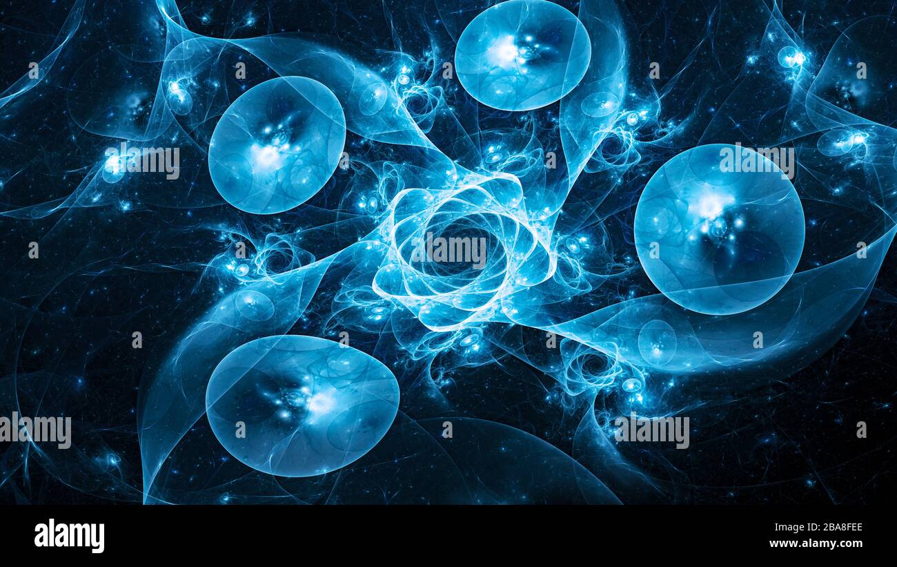 Blue glowing spiral quantum with balls, computer generated abstract ...