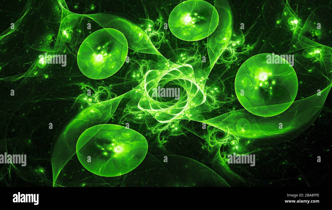 Green glowing spiral quantum with balls, computer generated abstract ...