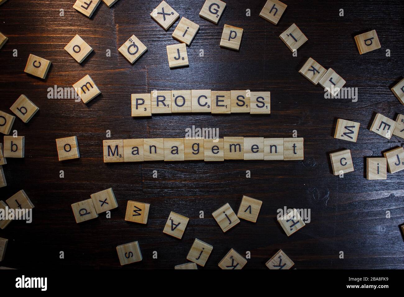 Word or phrase Process Management made with scrabble letters on black ...