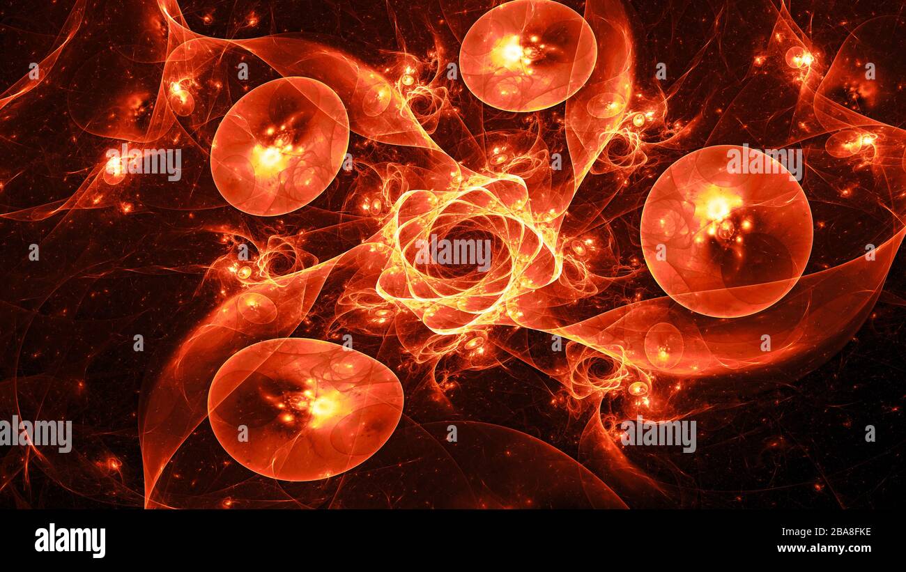 Fiery glowing spiral quantum with balls, computer generated abstract background, 3d rendering ...