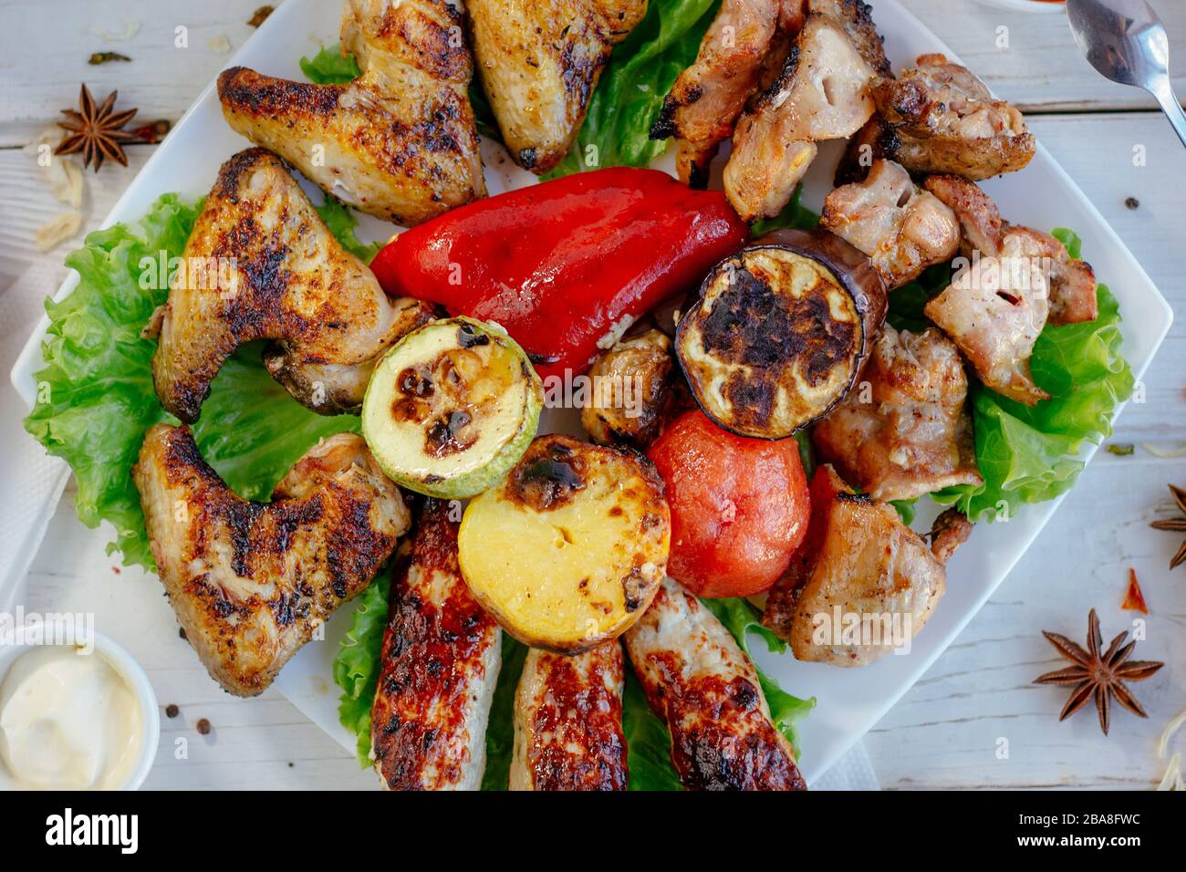 Top view of grilled chicken meat on white plate, great image for your ...