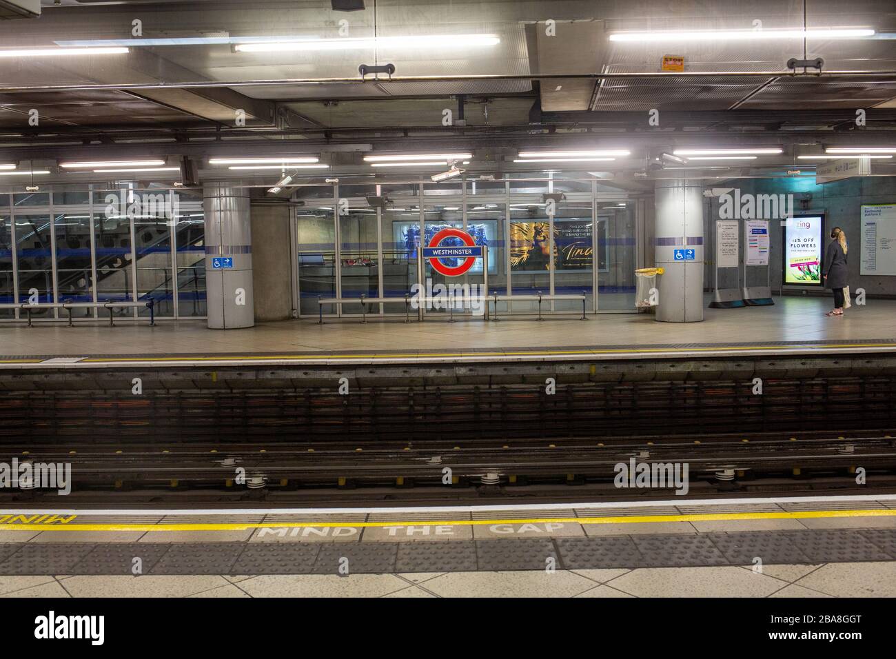 Nearly empty underground station at Westminster, London, during the ...