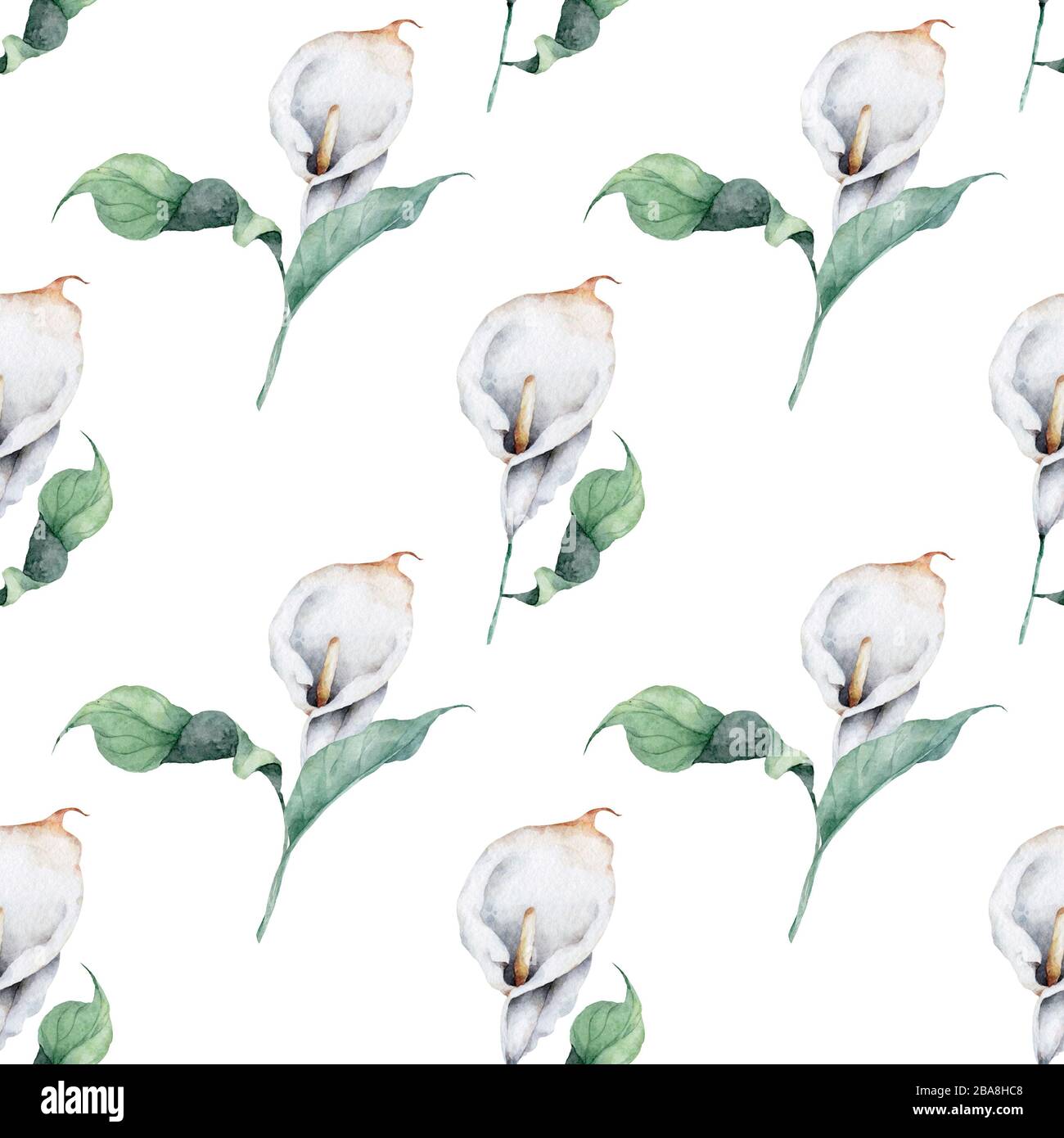 Seamless pattern with white calla lily flowers and green leaves Stock ...