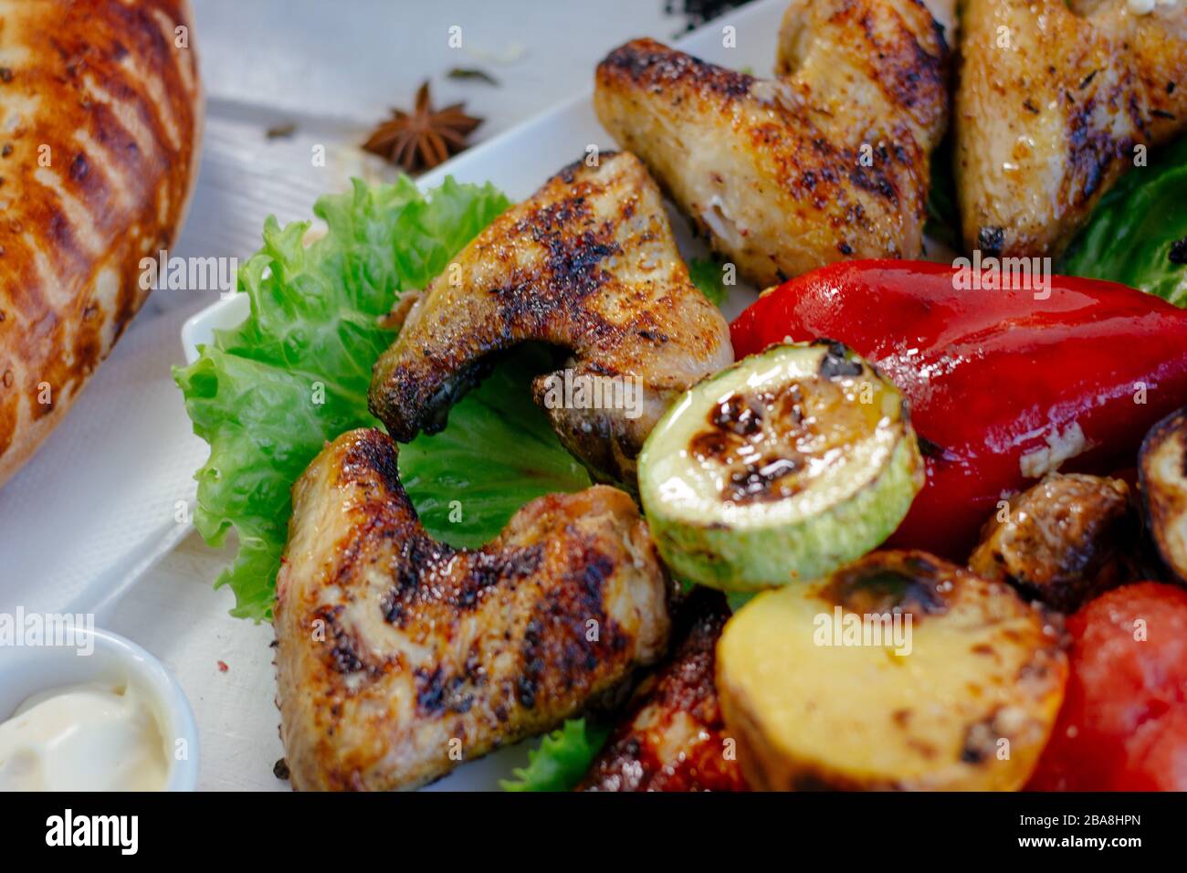 Top view of grilled chicken meat on white plate, great image for your ...
