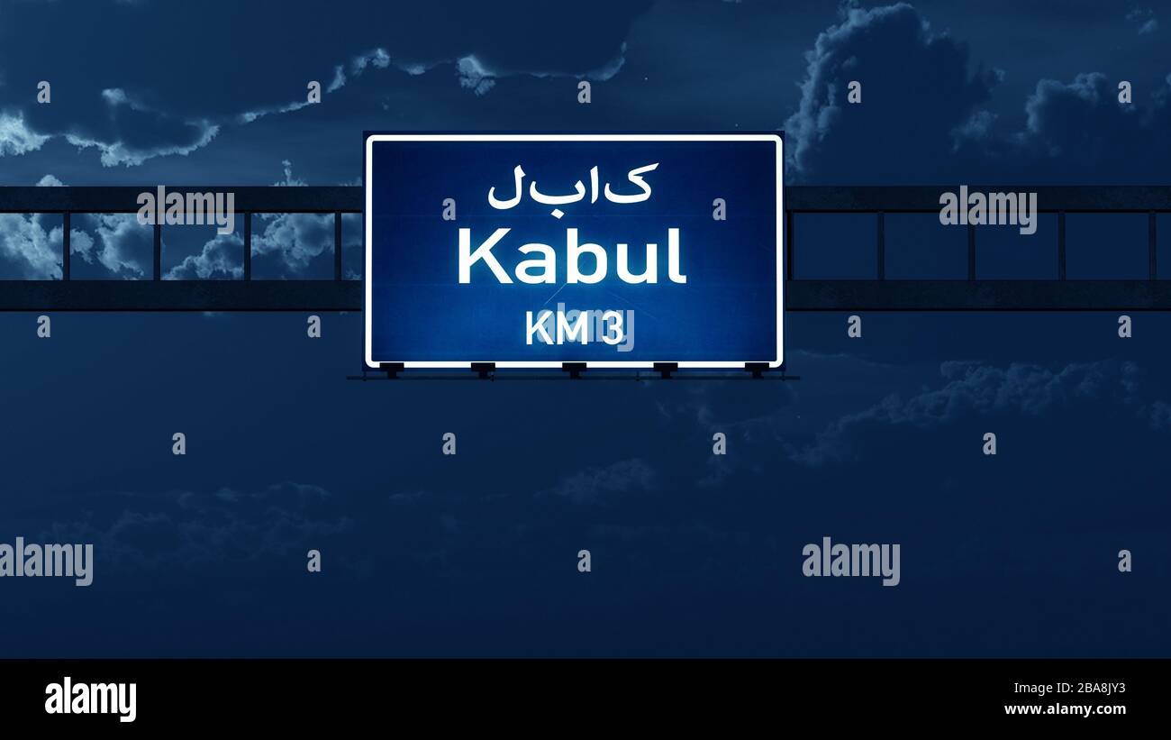 Kabul Afghanistan Highway Road Sign at Night 3D artwork Stock Photo - Alamy