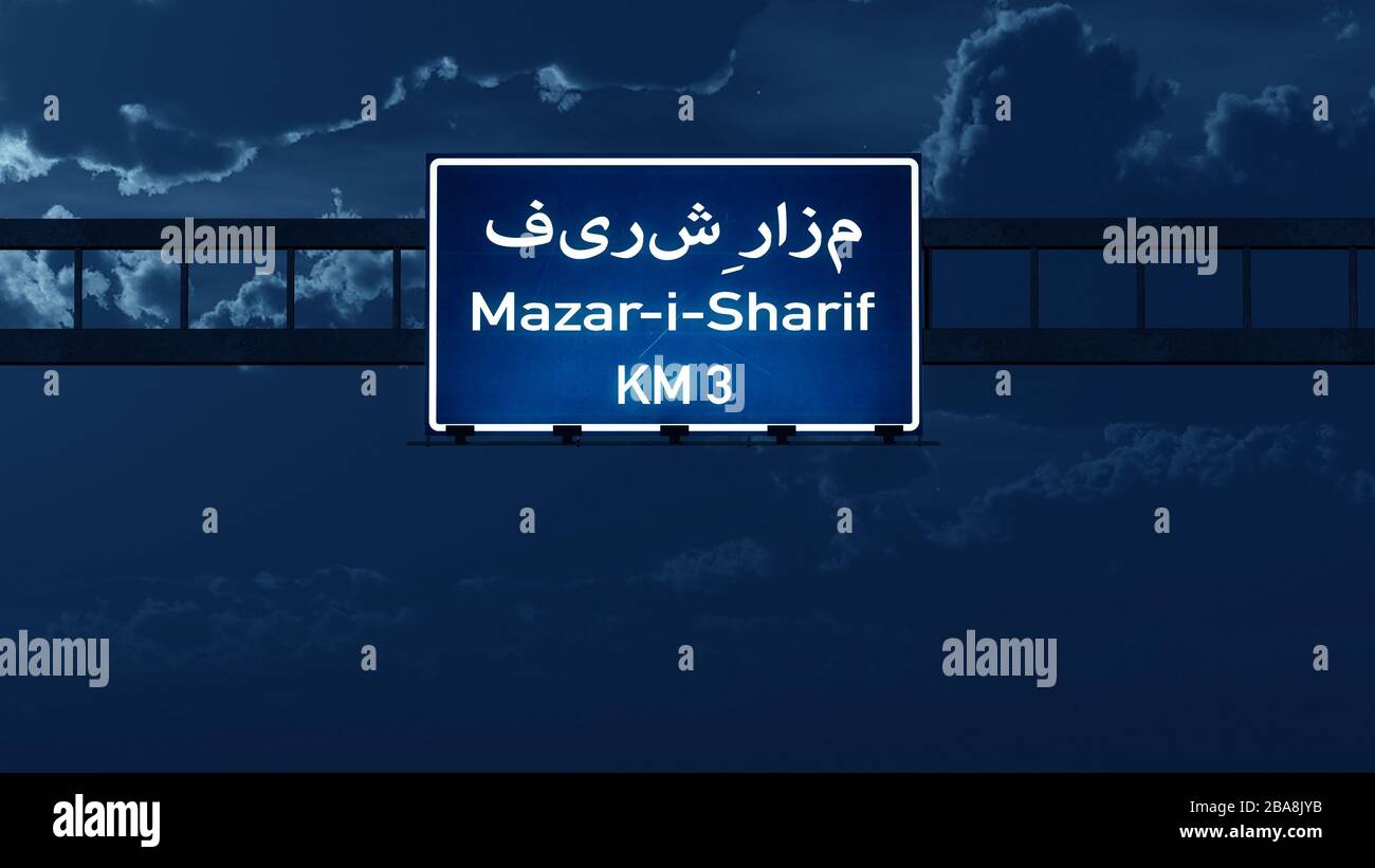 Mazar i Sharif Afghanistan Highway Road Sign at Night 3D artwork Stock ...